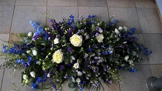 White and Blue Casket spray - Funeral Flowers Peacehaven